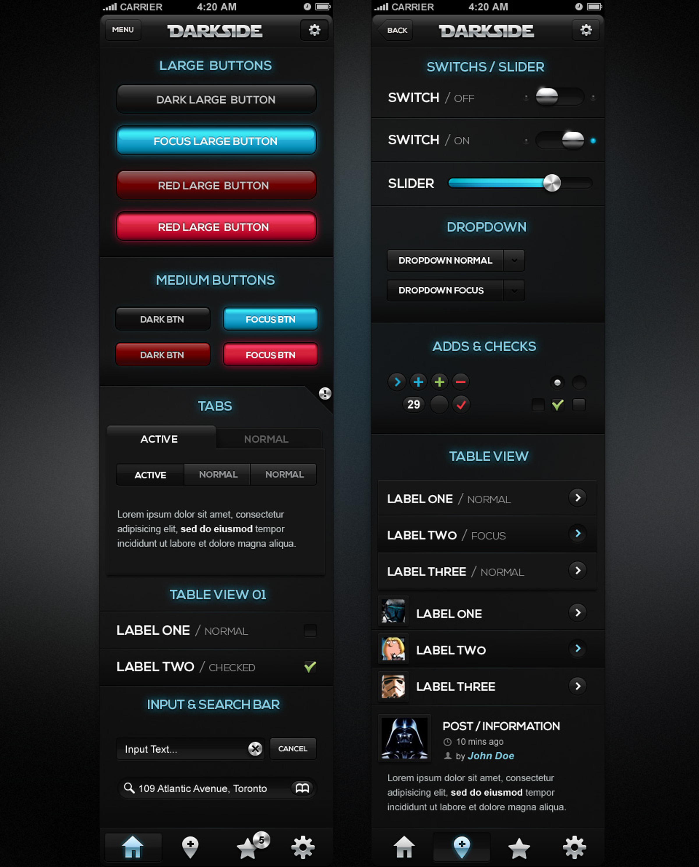 Darkside iPhone App UI Kit Psd | Pixeden Club
